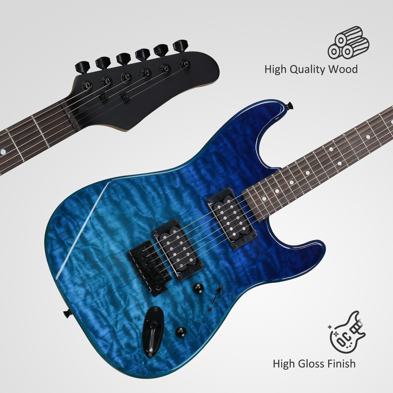 Full-Size Blue Burst Electric Guitar with Flame Maple Veneer Top and HH ...