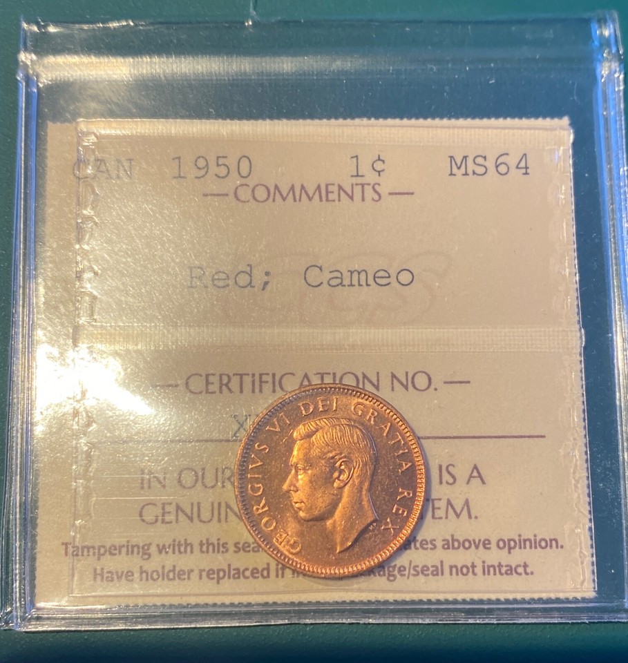 ICCS MS 64 RED CAMEO - Canada - 1950 - 1 Cent - Attractive Copper Coin ...