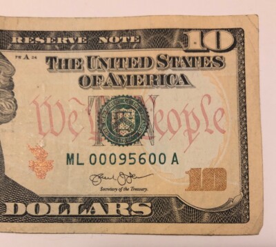 2013 Series $10 US Dollar Bill Low, 3 Digits Only S# ML 00095600 A | eBay