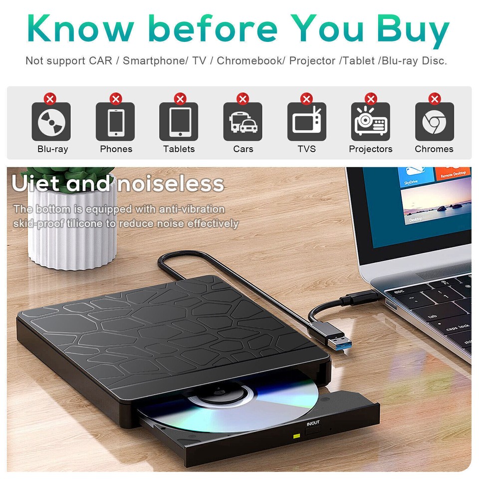 USB 3.0 Slim External CD DVD Drive Disc Burner Writer Recorder For ...