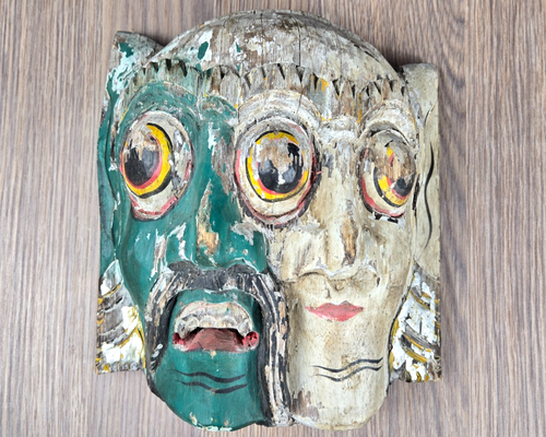 Two faced devil mask, Bali Barong wood carved painted - as found ...