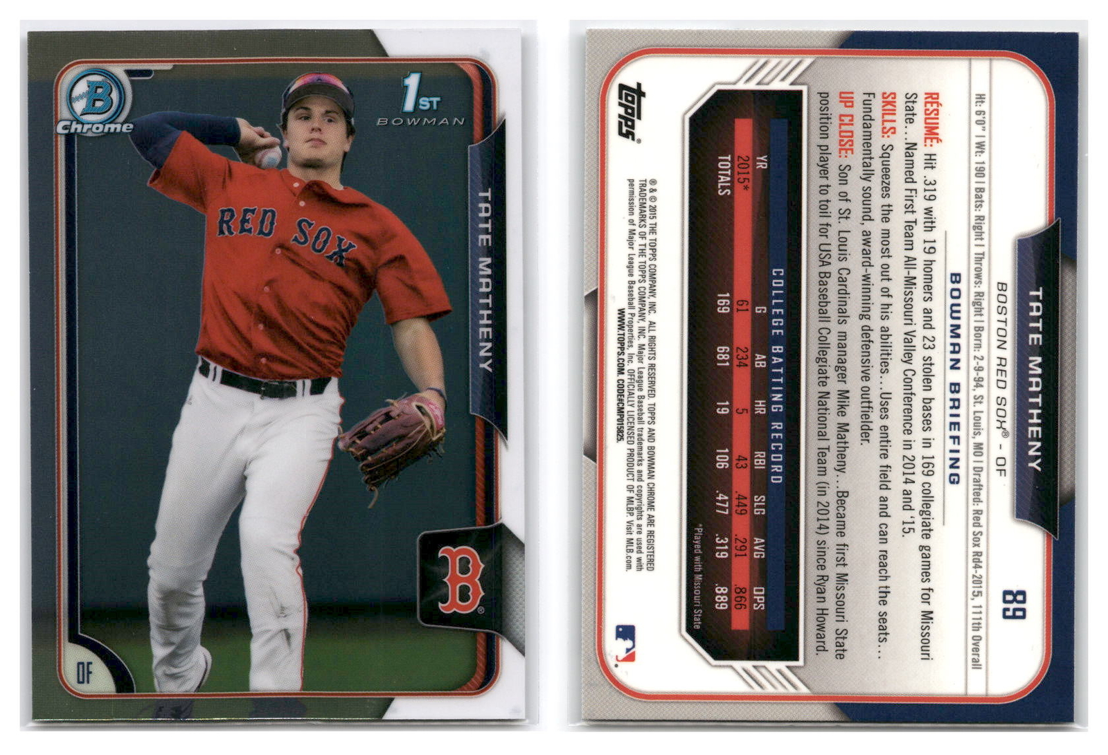 2015 Bowman Chrome Draft #89 Tate Matheny - Boston Red Sox | eBay