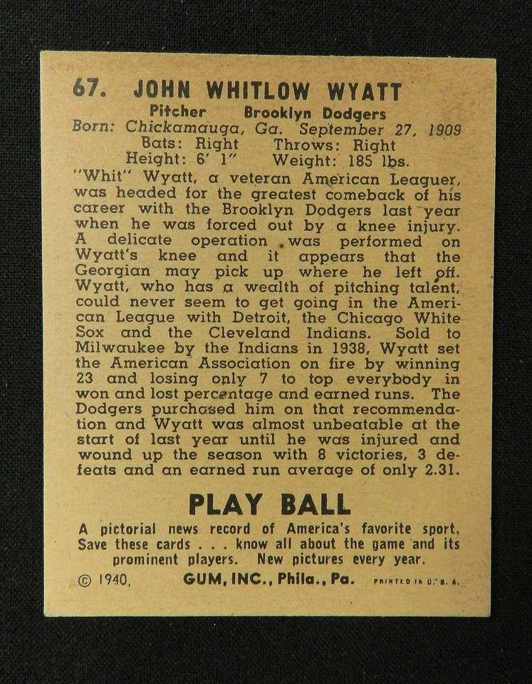 1940 PLAY BALL (R335) #67 WHIT WYATT BASEBALL CARD EXMT | eBay