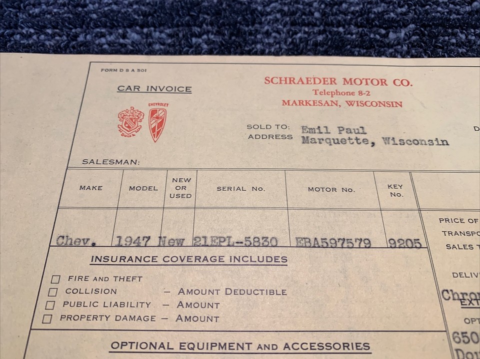Vtg 1947 Chevrolet New Auto Dealer Sales Receipt Car Dealership Invoice ...