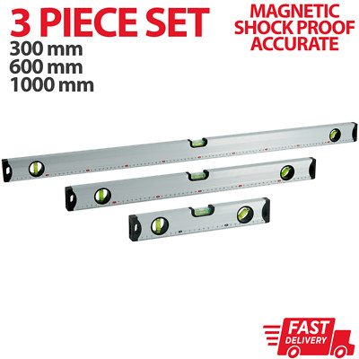 SILVER MAGNETIC 3 PIECE BUILDERS BUILDING SPIRIT LEVEL SET - 300, 600 ...