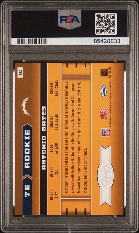 ANTONIO GATES 2003 LEAF ROOKIES & STARS SIGNED NFL ROOKIE - PSA 9 w/ 10 ...