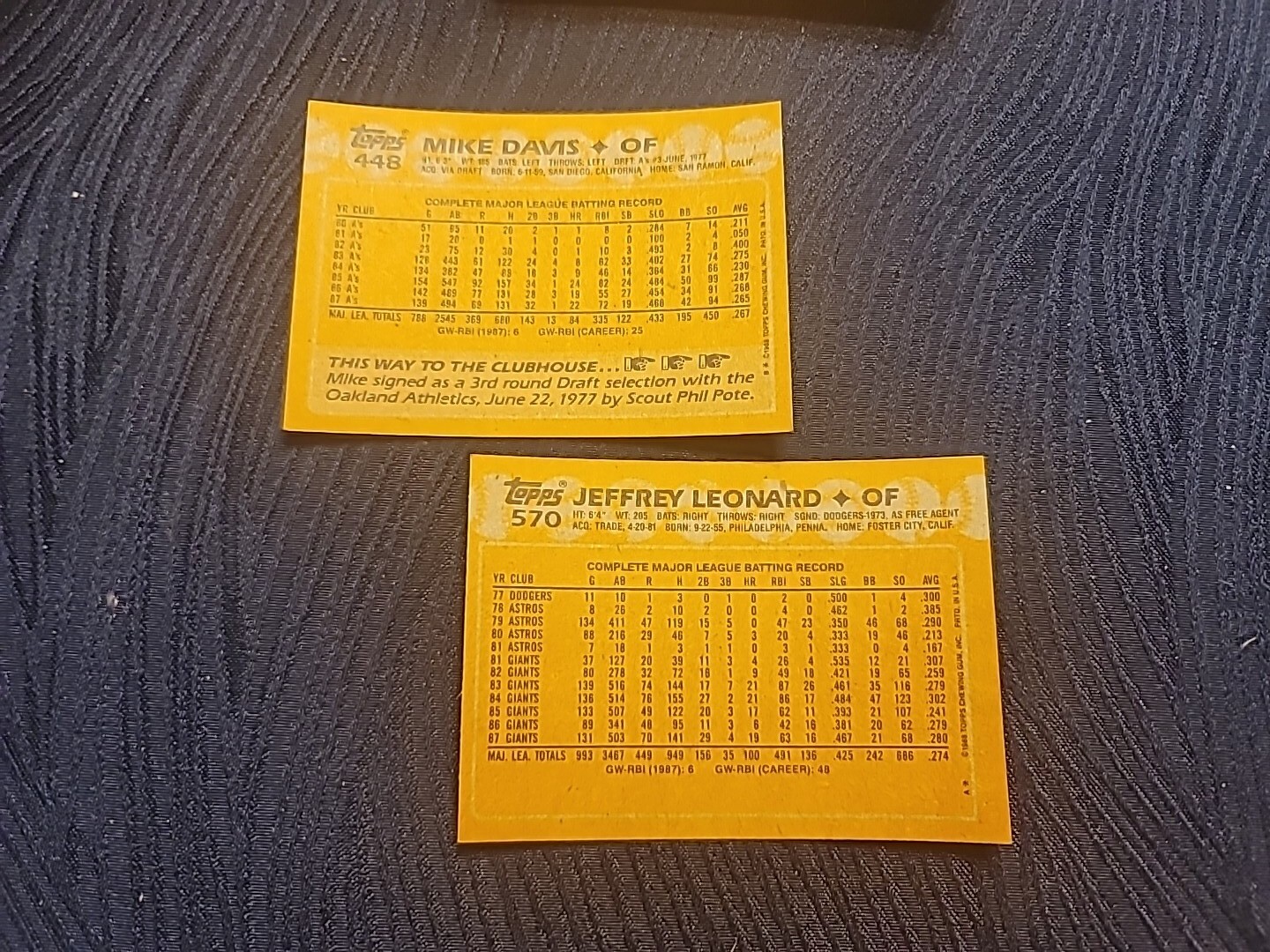 Mike Davis #448 1988 Topps Baseball Card and Jeffrey Leonard 570# | eBay