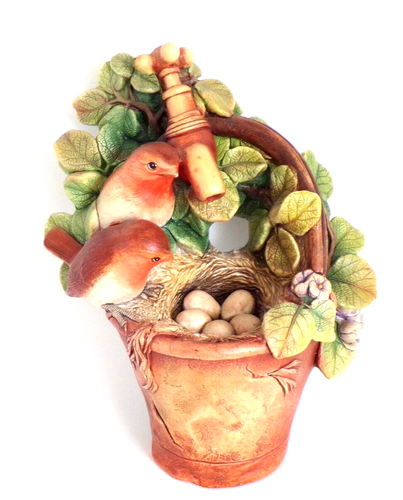 BOSSONS ROBIN BIRDS in POT CHALKWARE WALL HANGING RARE FIVE EGGS ...