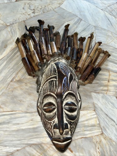 African Chokwe Chikunga Mask Bamboo Hair Wood Congo | eBay