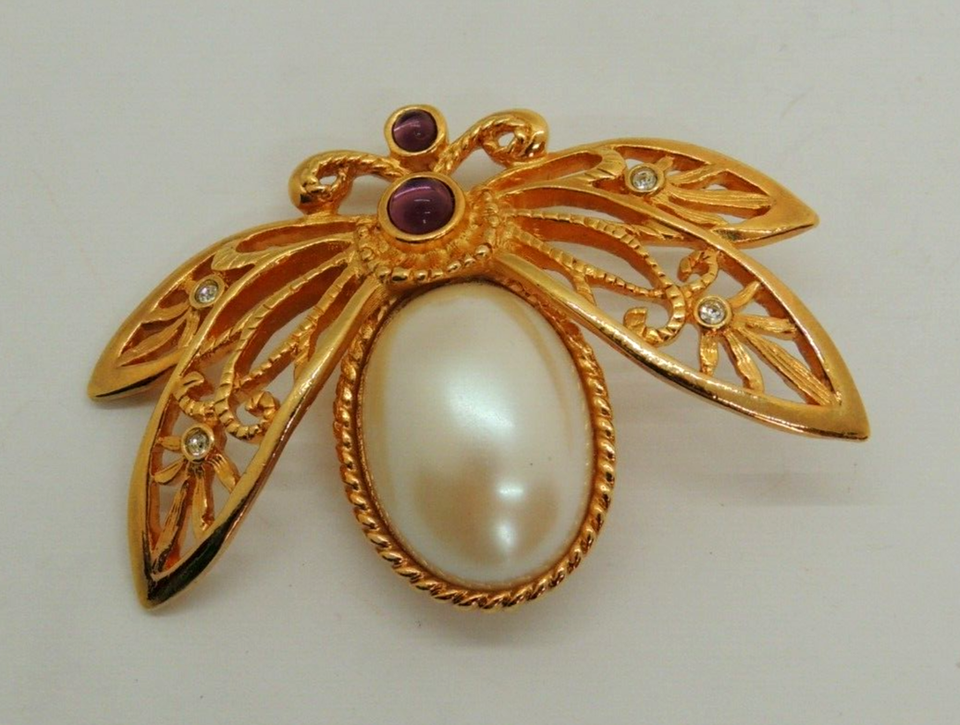 Vintage AVON Moth Insect Brooch Faux Pearl Purple & Clear Rhinestones ...