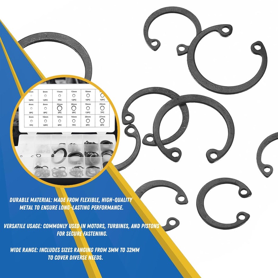 180pc Internal Circlips Set Assorted Retaining Snap Rings Rap Around ...
