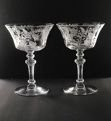 2 Tiffin Etched Fuschia Pattern 5-1/2" Champagne Tall Sherbet Glasses ...