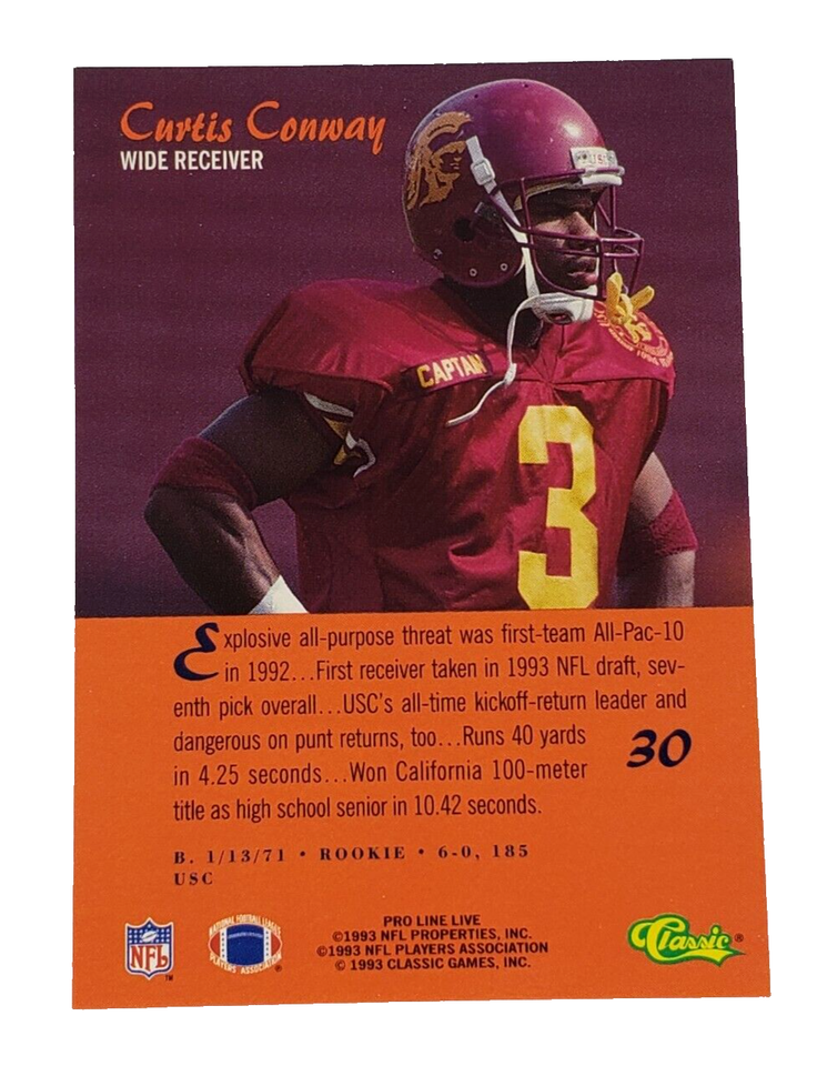 1993 Classic Proline Live Football Curtis Conway RC #30 Chicago Bears ...