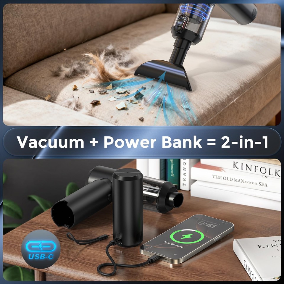 Cordless Handheld Vacuum with 6000mAh Power Bank & LED Light – 3-in-1 ...