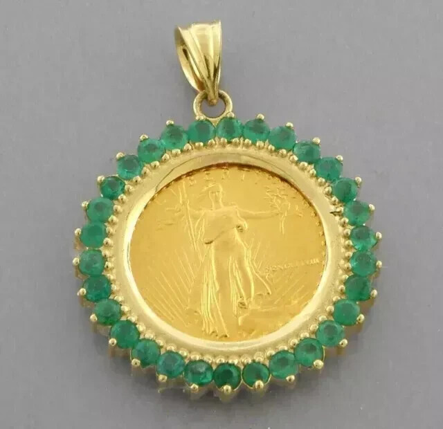 2 CT Round Cut Lab Created Emerald Coin Pendant 14k Yellow Gold Plated ...
