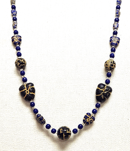 Antique 1920's Max Neiger Long Deep Blue Beige Glass Bead Necklace 32 ...