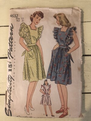 Vintage 40's Simplicity Pattern 4632 Dress Pinafore Ties Ruffle Sz 12 ...