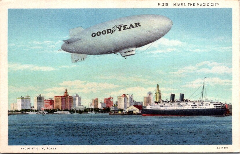 Postcard Goodyear Blimp Air Ship Zepelin Dirigible Port Miami Florida ...