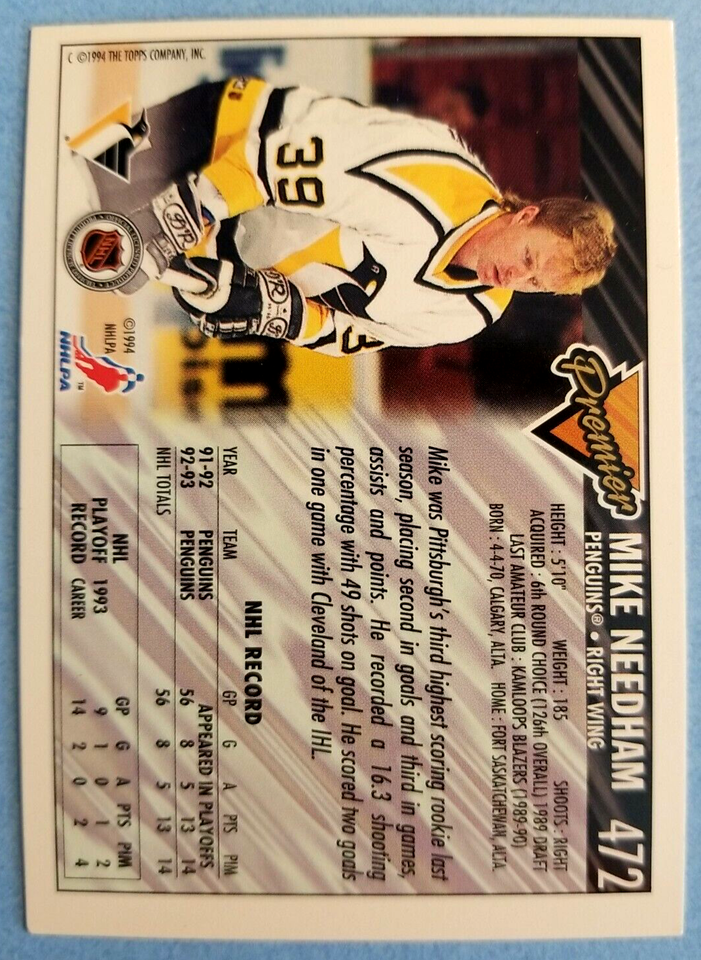 Mike Needham Pittsburgh Penguins 1994 Topps #472 Autographed Hockey ...