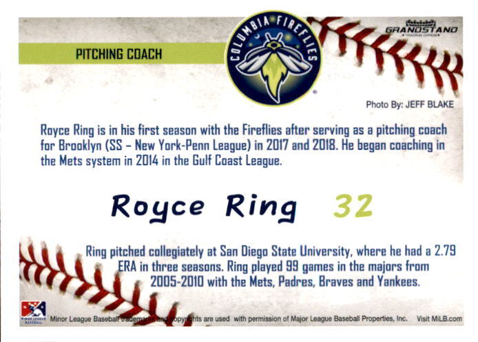 2019 Columbia Fireflies Grandstand #21 Royce Ring Pitching Coach ...