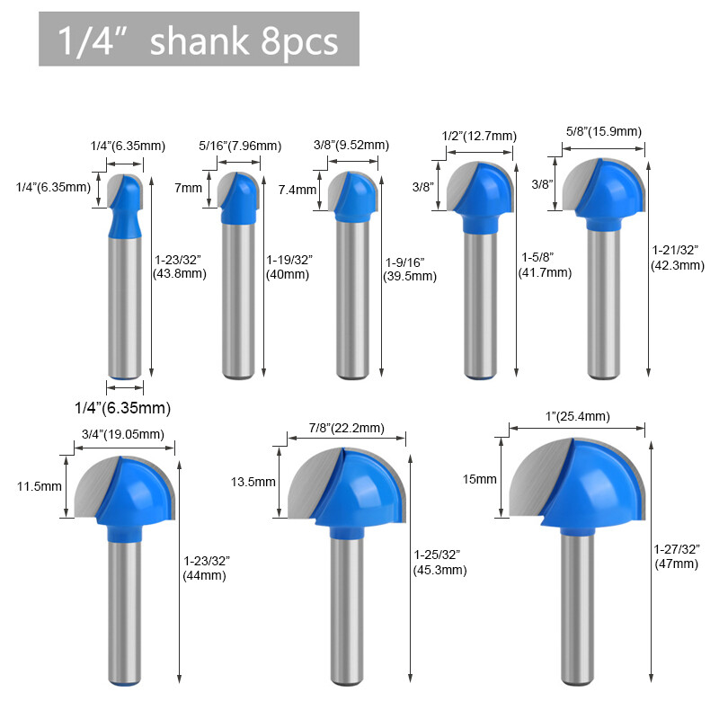 8Pcs 1/4 inch Shank Cove Core Box Router Bit Set Sturdy Round Nose ...