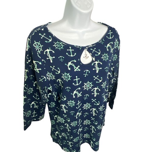 Quacker Factory Nautical Anchor Print Top Keyhole 3/4 Sleeve Navy M | eBay
