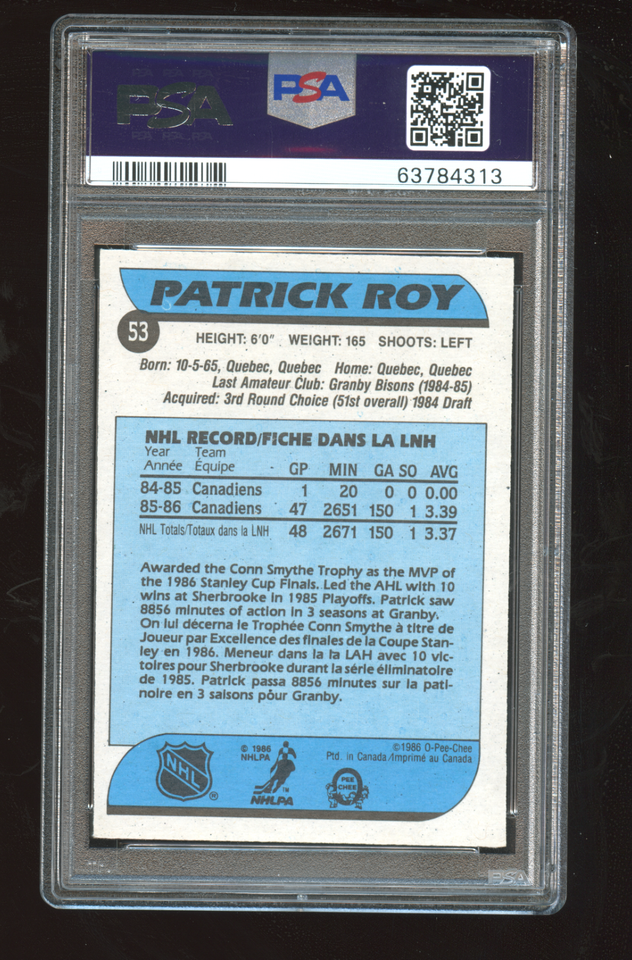 Patrick Roy RC 1986-87 O-Pee-Chee #53 HOF OPC Rookie MTL Canadiens PSA ...
