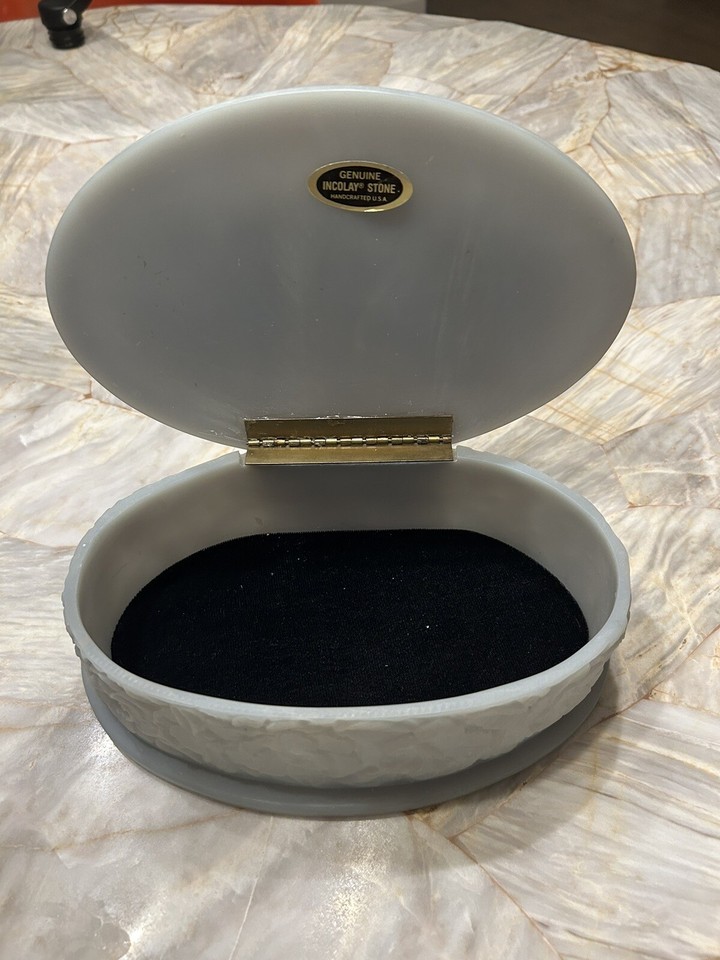 Vintage Genuine Incolay Blue Stone Peacocks/Birds Large Jewelry Trinket ...