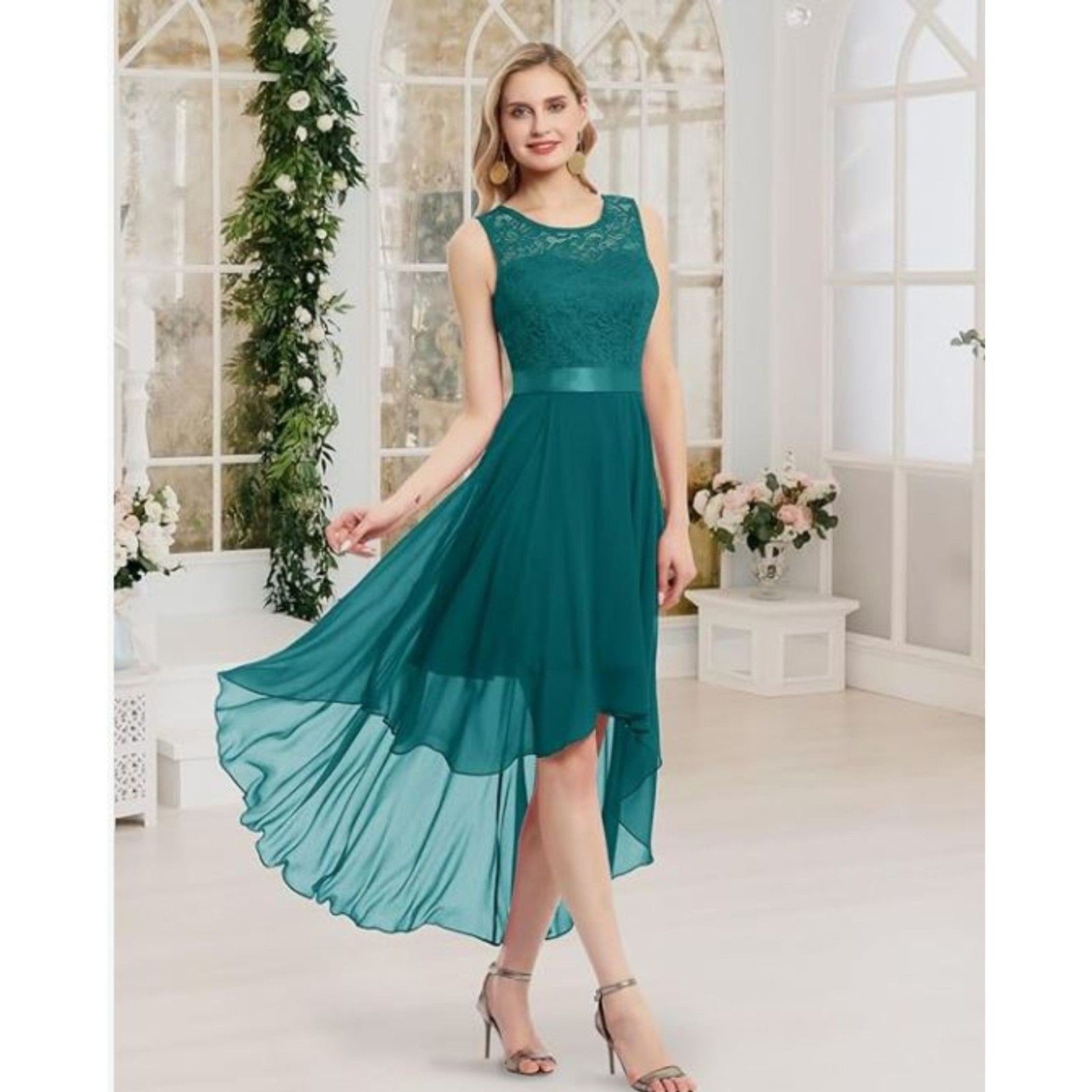 Berylove Hi Lo Lace Top Chiffon Dress Teal Green NO BELT Size M Deep V Back | eBay