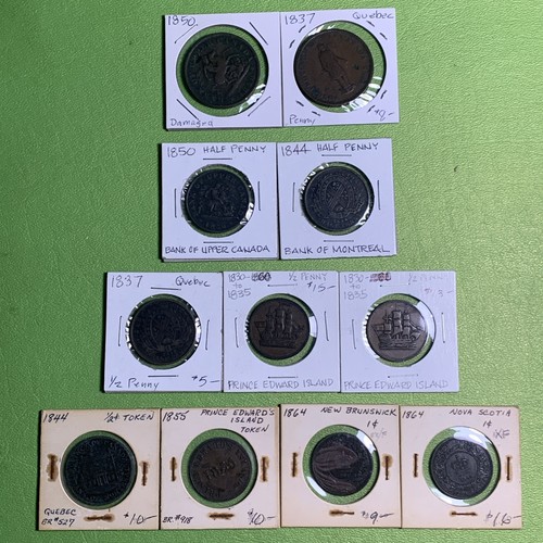 Lot Of (11) Canada Copper Coins Penny Half Penny 1800s Quebec PEI Bank ...