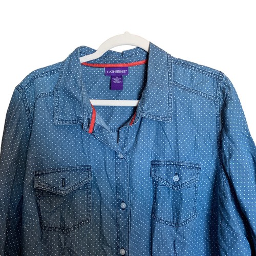 Catherines Plus Size 1X Multicolor Polka Dot Chambray Cotton Button Up ...