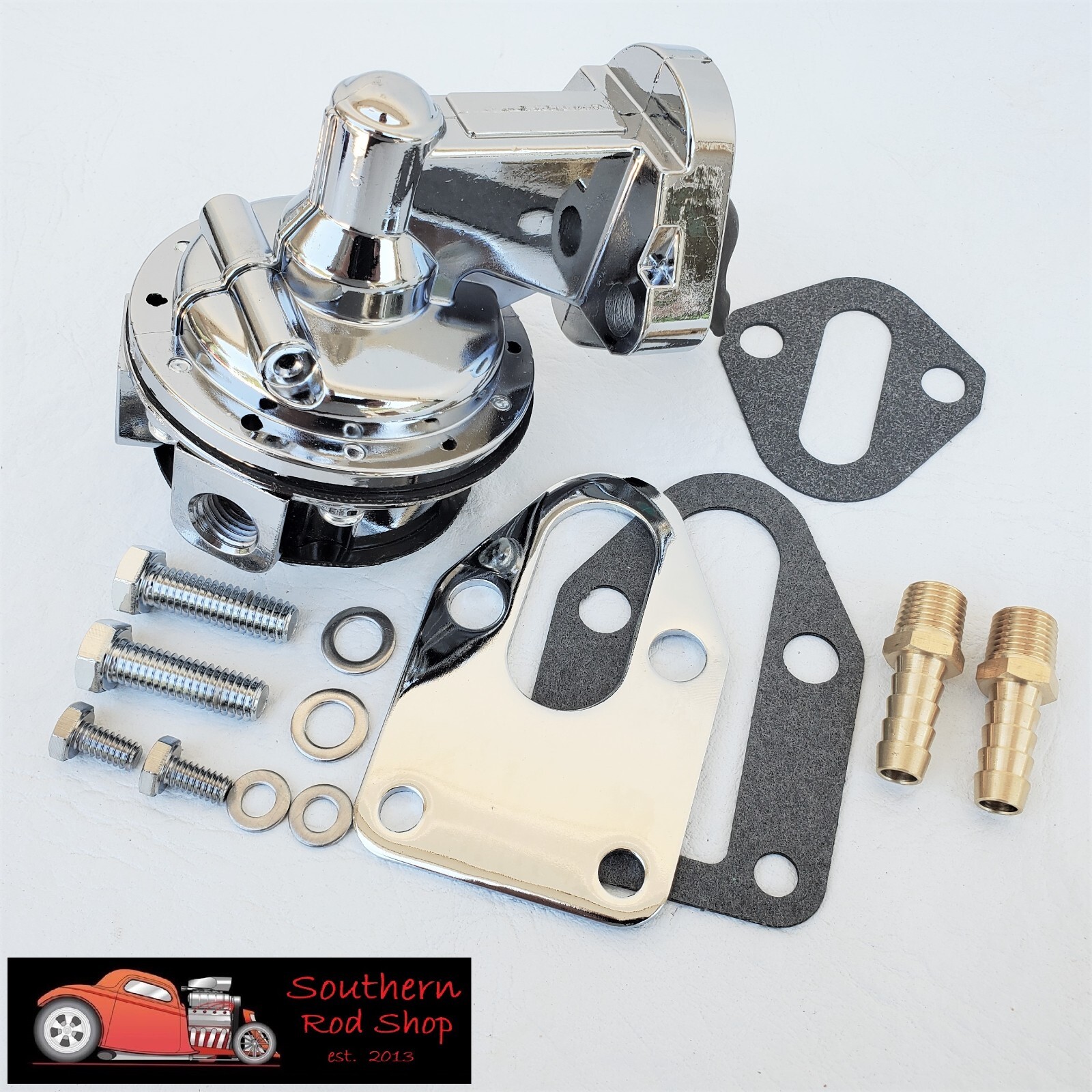 Small Block Chevy Chrome Fuel Pump 80 GPH 305 327 350 400 Fittings Hose ...