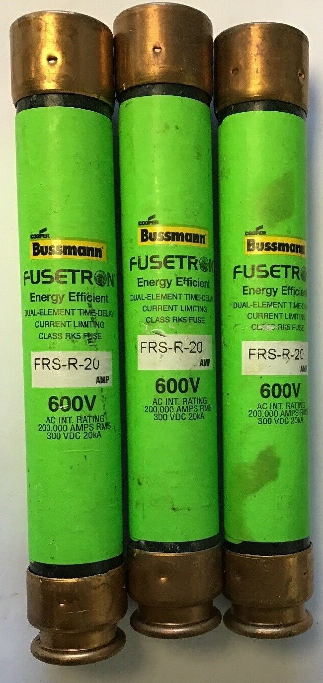 BUSSMAN FRS-R-20 AMP FUSETRON ENERGY EFF. 600V DUAL-ELEM TIME DELAY ...