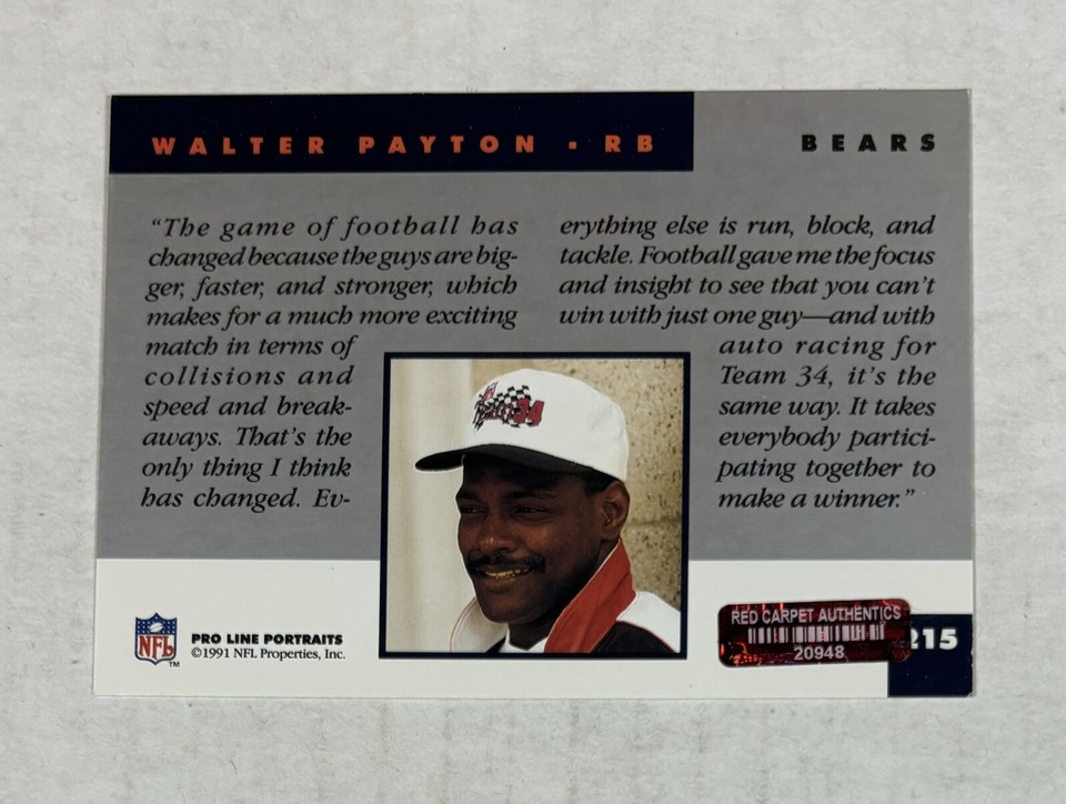 1991 Pro Line Portraits WALTER PAYTON HOF SIGNED Authentic Racing Card ...