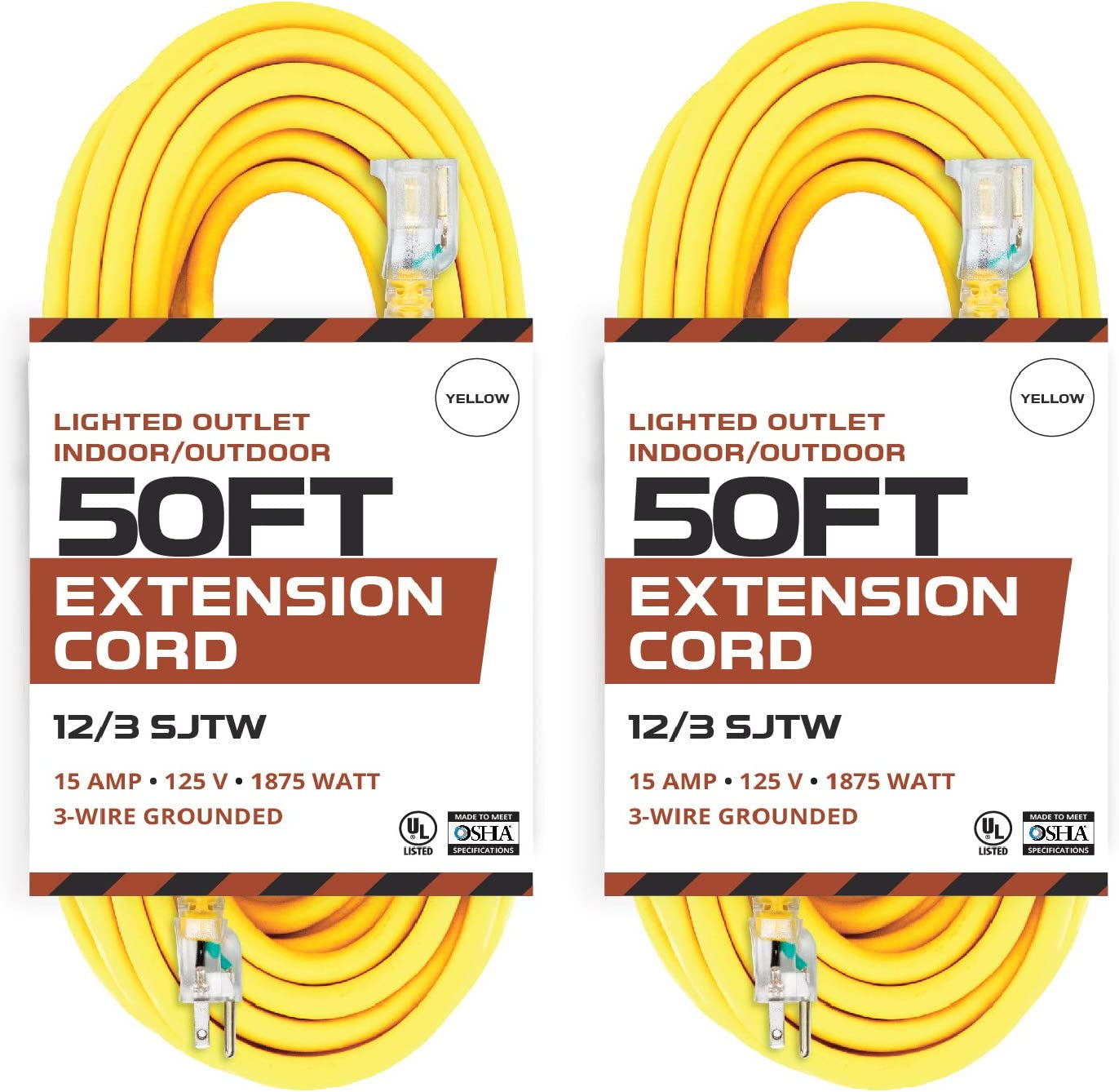 2 Pack of 50 Ft Outdoor Extension Cords - 12/3 SJTW Heavy Duty Yellow 3 ...