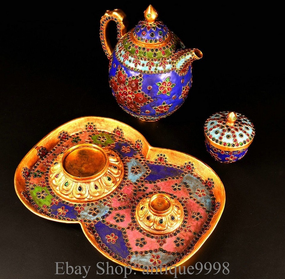 11"Old Cloisonne Enamel Gold Gem Dragon Handle flagon Wine Cup Plate ...