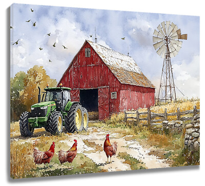 Watercolor Farmhouse Rustic Red Barn Abstract Wall Art for Bathroom ...