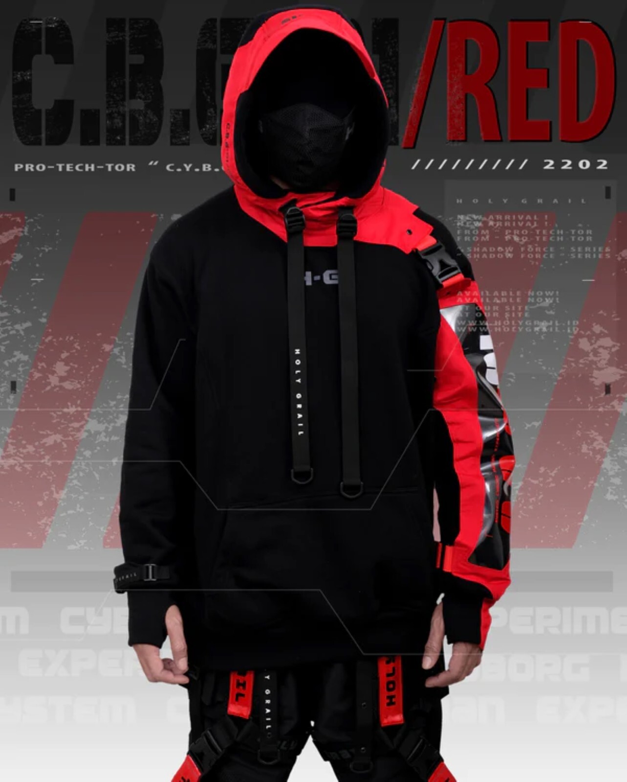 Men's Techwear Red Jacket Rugged fleece Pullover Hoodie Holygrail C.B.G ...