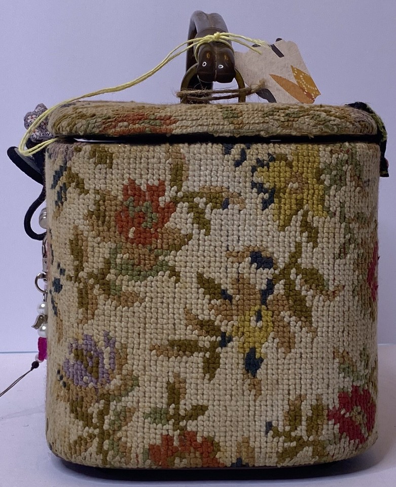 Oval Wool Sewing Basket Notions Kit Makeup Vintage Needlepoint Bag Case ...