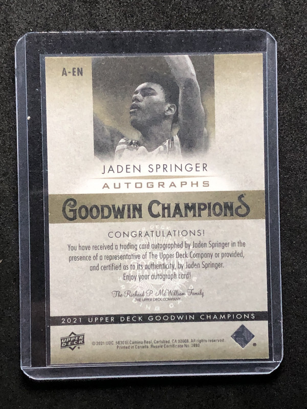 2021 Upper Deck Goodwin Champions Jaden Springer Autograph AUTO #A-EN ...