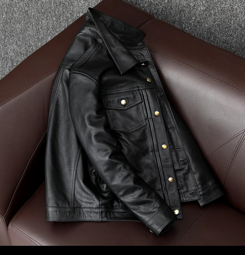 Men's Real Leather TruckerJacket Black Vintage Denim Style Cafe Racer ...