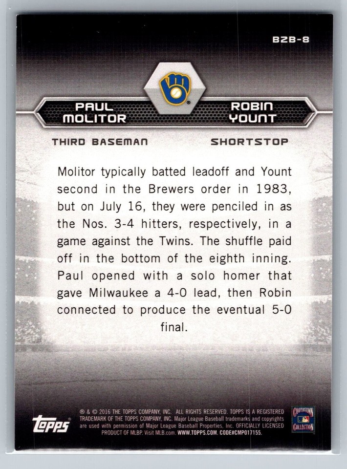 2016 Topps Back-To-Back #B2B-8 Paul Molitor/Robin Yount Milwaukee ...