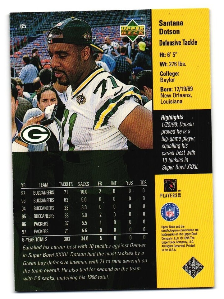 1998 Upper Deck Green Bay Packers II ShopKo Game Dated Santana Dotson ...