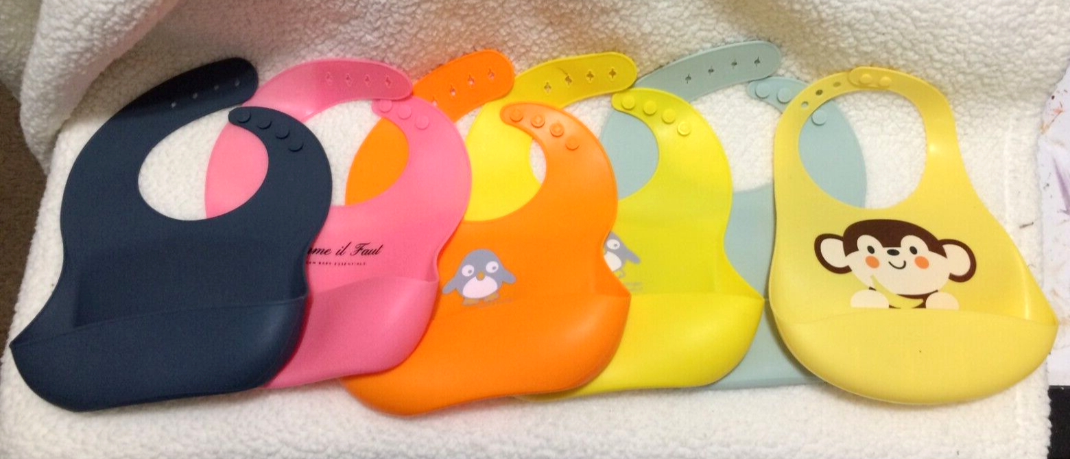 lot of 6 Silicone Bib Easy Clean Up BPA-free Crumb & Drip Catcher Bibs ...