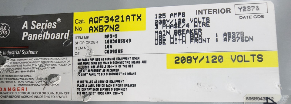 🤠 GE GENERAL ELECTRIC 125 AMP MAIN BREAKER PANELBOARD 208Y/120V 3Ø 4W ...