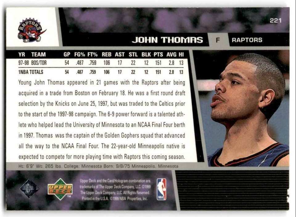 1998-99 Upper Deck John Thomas #221 Toronto Raptors | eBay