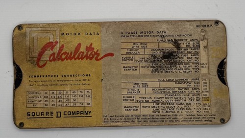 Vintage Square D Motor Data Calculator Slide Chart - 1953 NEC - B | eBay