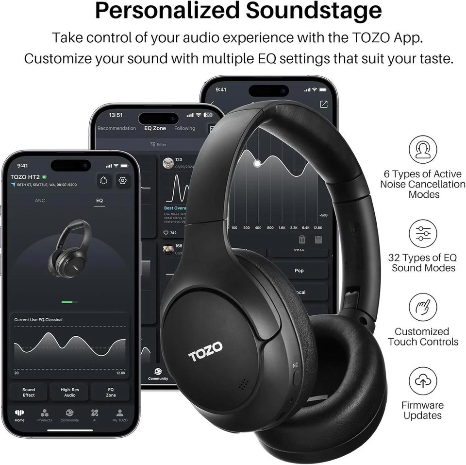 TOZO HT2 Over-Ear Headphones - Personalized Sound with Active Noise ...