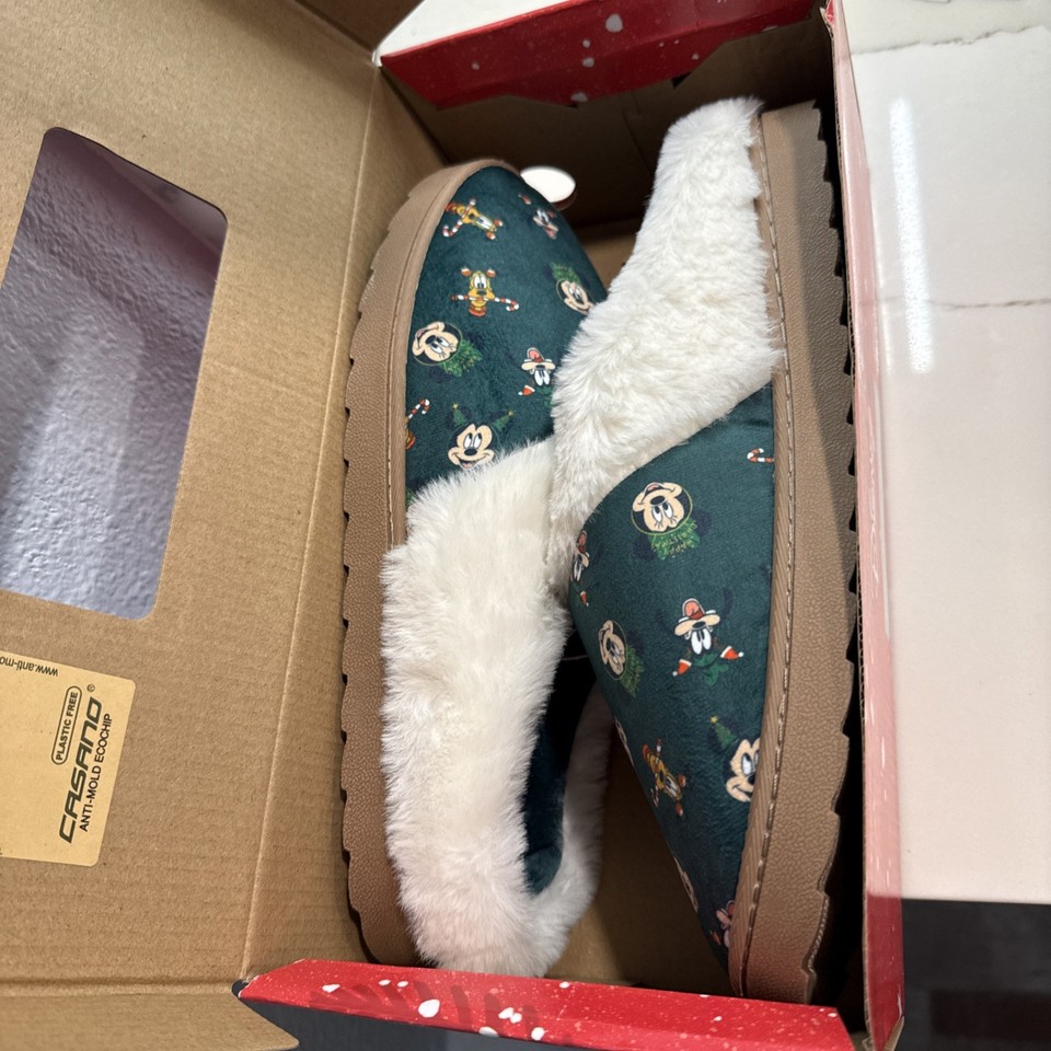 Disney Christmas Slippers Men's 9-10 Green Mickey Goofy Minnie Pluto ...