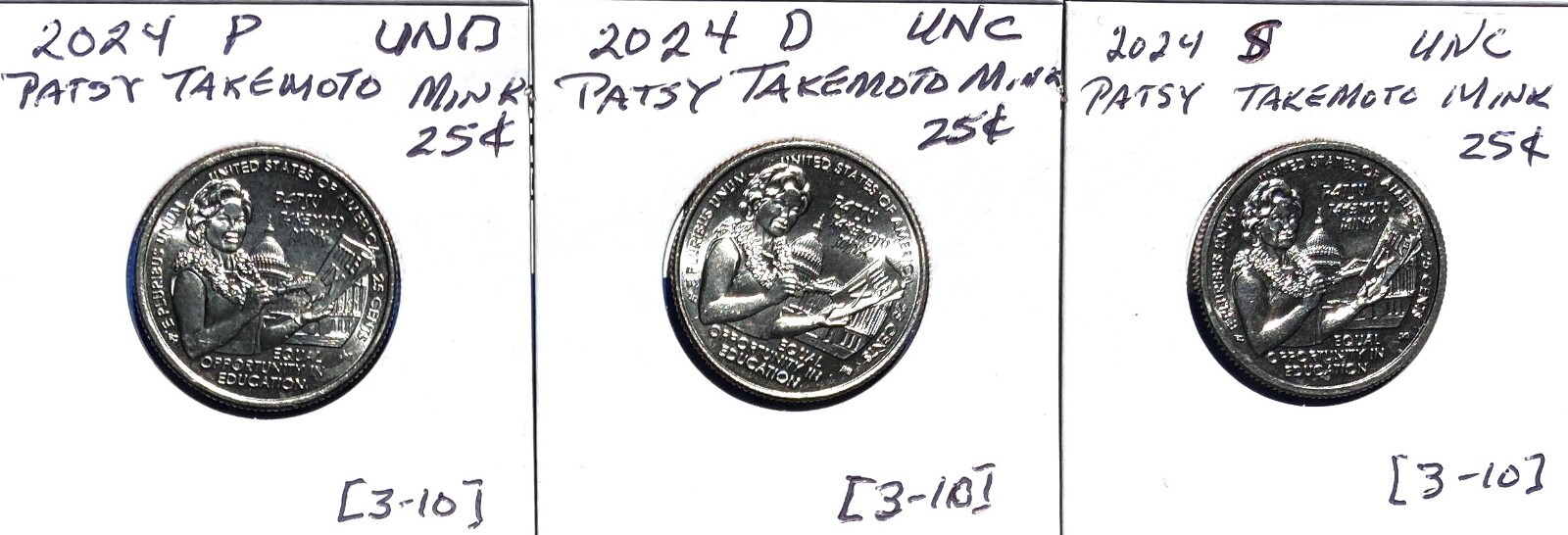 Lot of 3 2024 P D S PATSY TAKEMOTO MINK Quarters Unc from US Mint Rolls ...